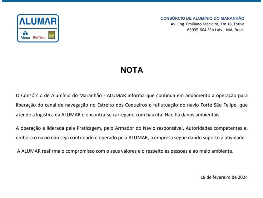 Alumar emite Nota sobre andamento da operação para desencalhar navio em ...